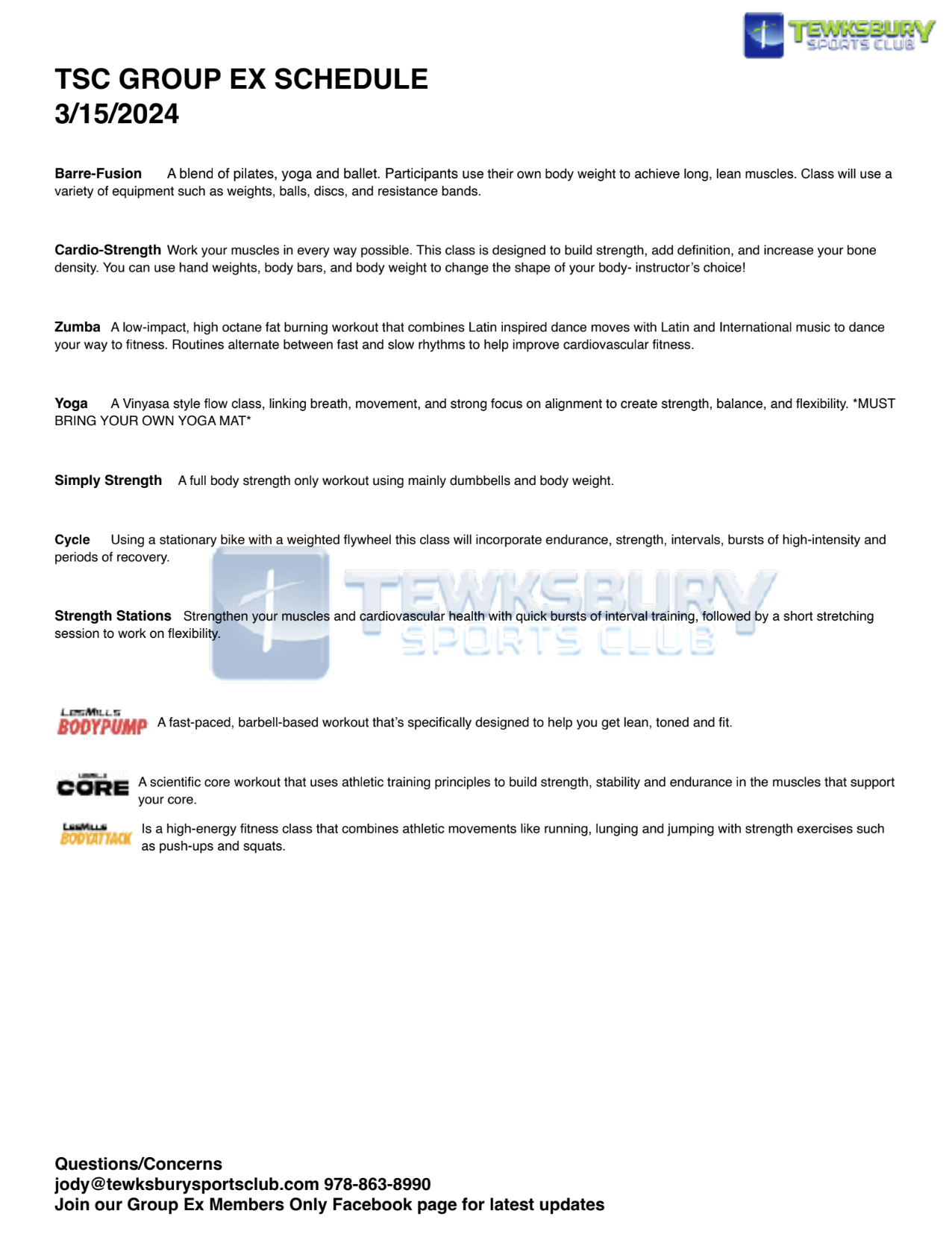Class Schedule - Tewksbury Sports Club